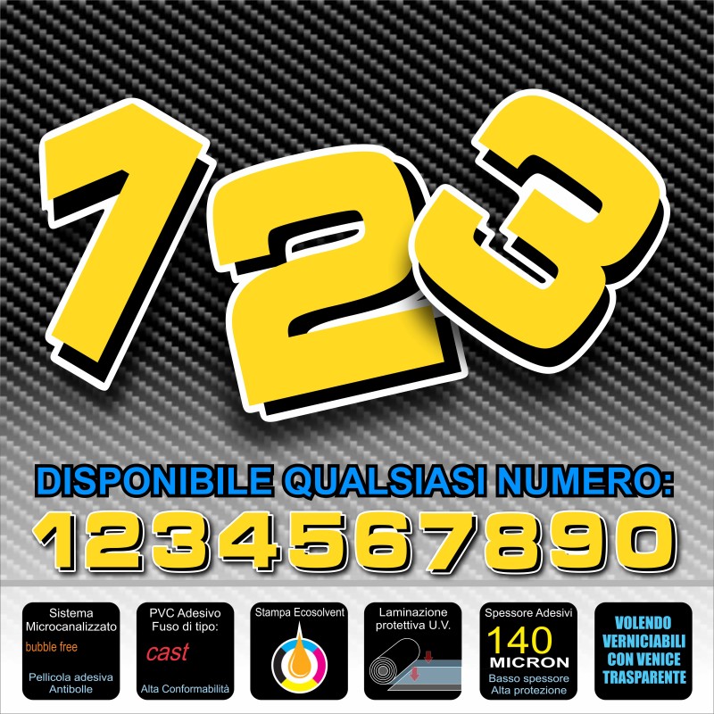 Adesivo numero gara GIALLO - BIANCO M. 9 numeri Moto Gp CIV SBK Go Kart Scooter Quad Auto ...